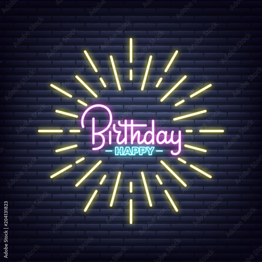 Birthday. Birthday neon sign. Neon glowing signboard banner design ...