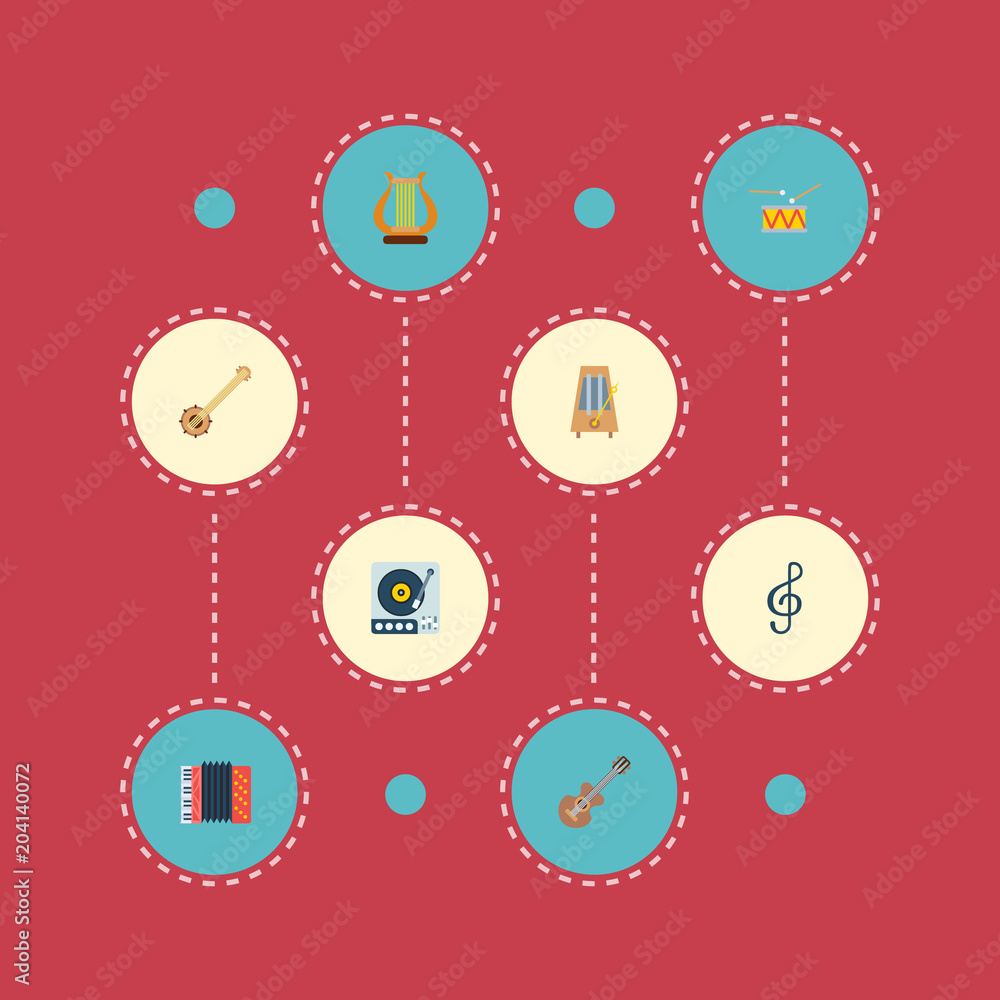 Set of music icons flat style symbols with harp, accordion, drum and ...