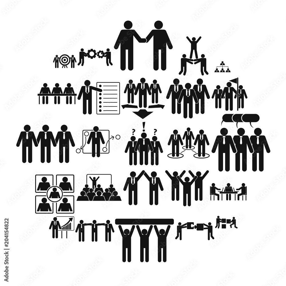 Team building work training icons set. Simple illustration of 25 team ...