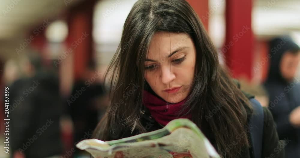 Woman checking paper map for directions. Authentic candid real life ...