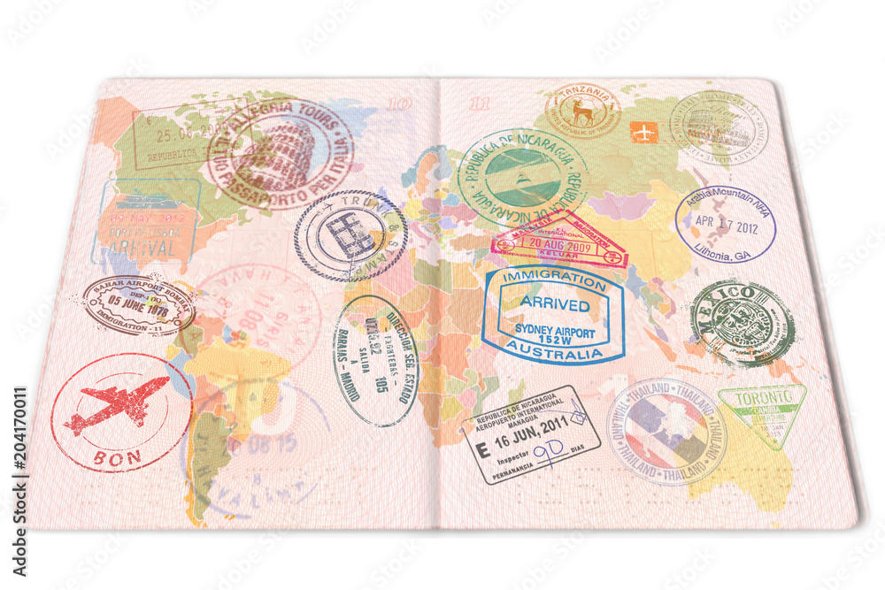 Passport stamps background with various countries. World map in ...