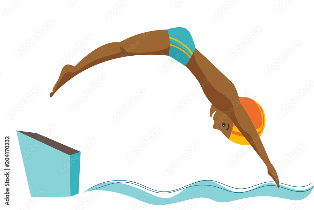 Young black sportsman jumping in the swimming pool. Professional ...