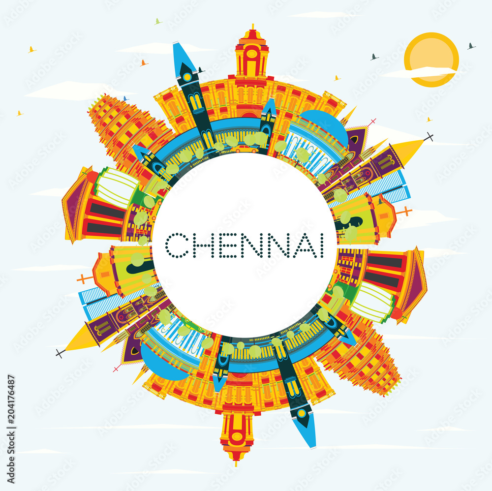 Chennai India Skyline with Color Landmarks, Blue Sky and Copy Space ...