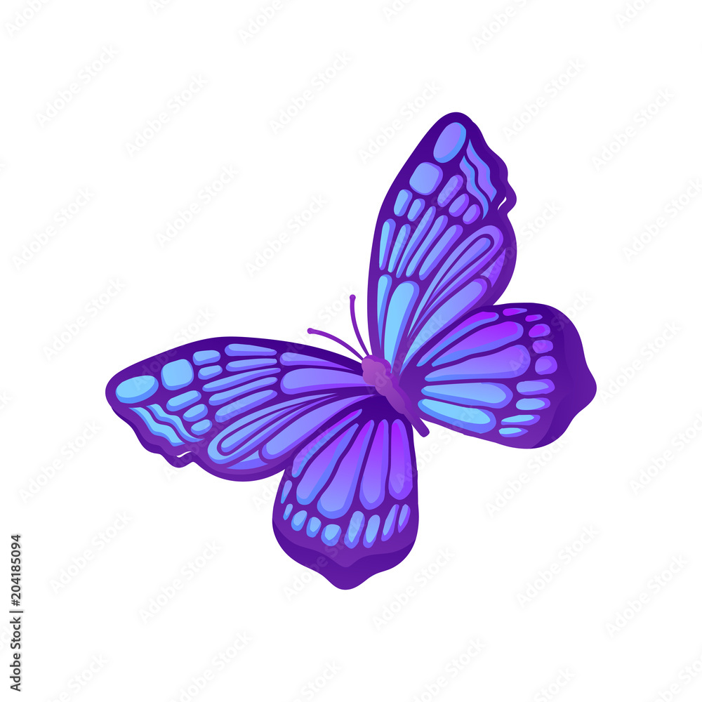 Beautiful purple butterfly with blue pattern on wings. Vector icon of ...