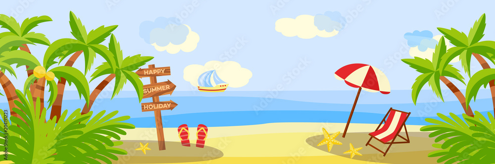 Summer beach vacation horizontal banner with lounge and umbrella on ...