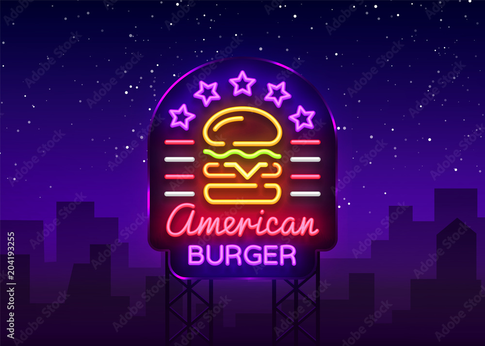 Burger logo vector. American burger, design template light emblem ...