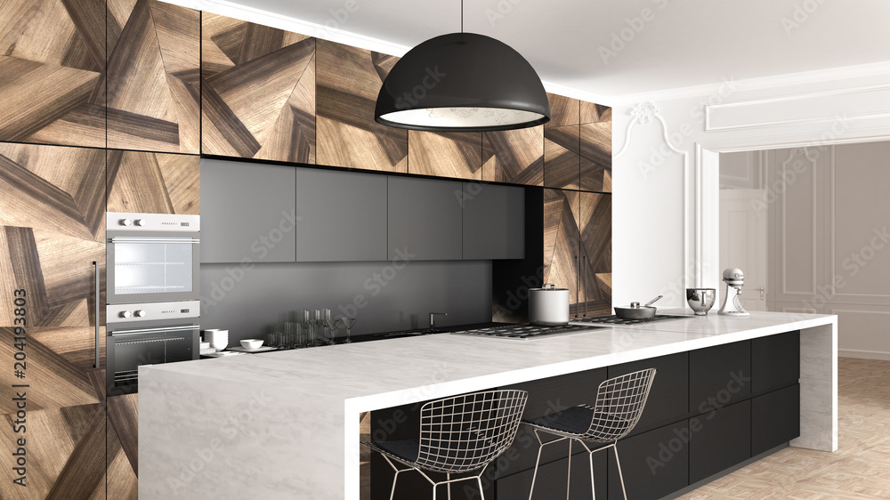 Classic kitchen in vintage room with moldings wall, luxury interior ...
