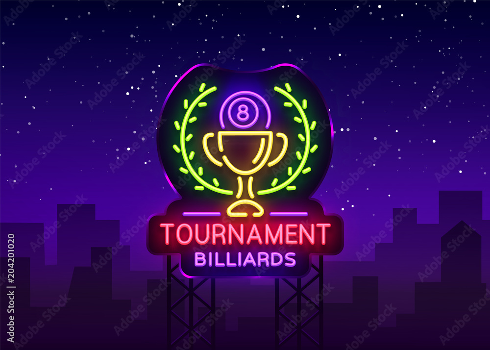 Billiards Tournament logo in neon style. Neon sign Design Template for ...