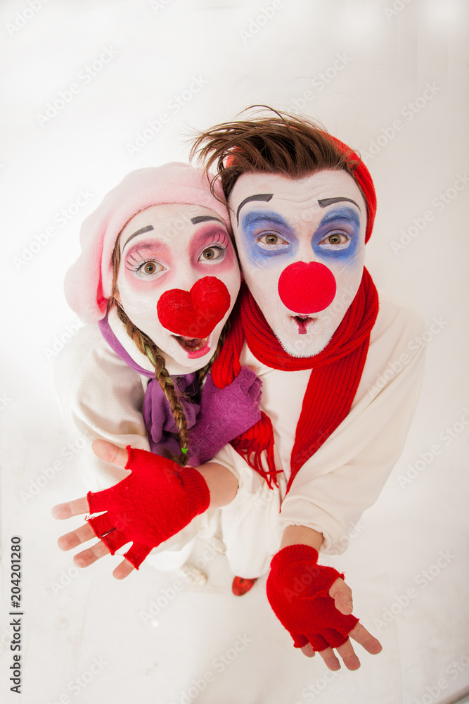 emotional and funny mime guy and girl posing on camera. Human emotions ...
