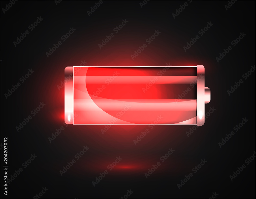 Low battery. Battery charging status indicator. Glass realistic power ...