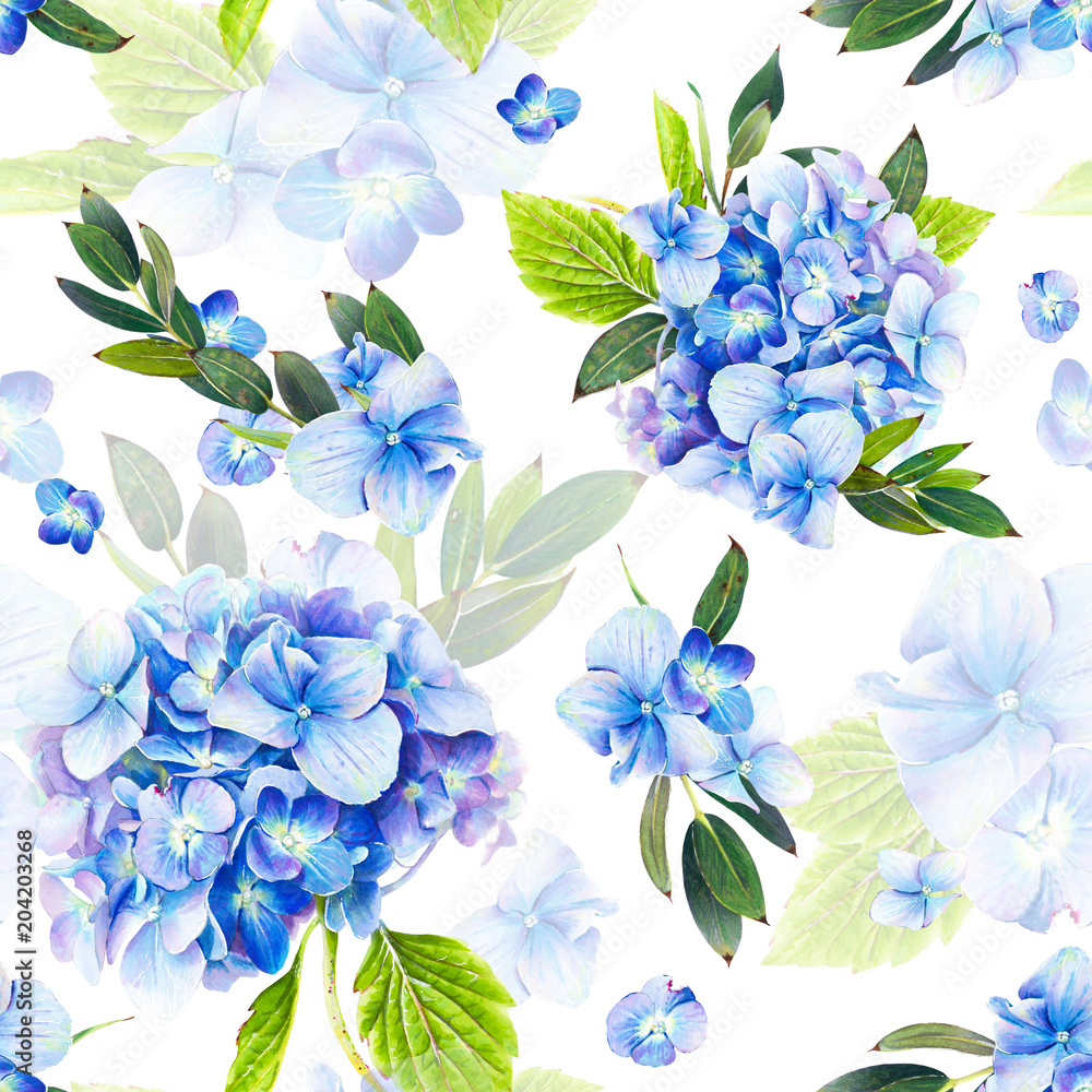 Seamless pattern, blooming blue hydrangea and green foliage ...
