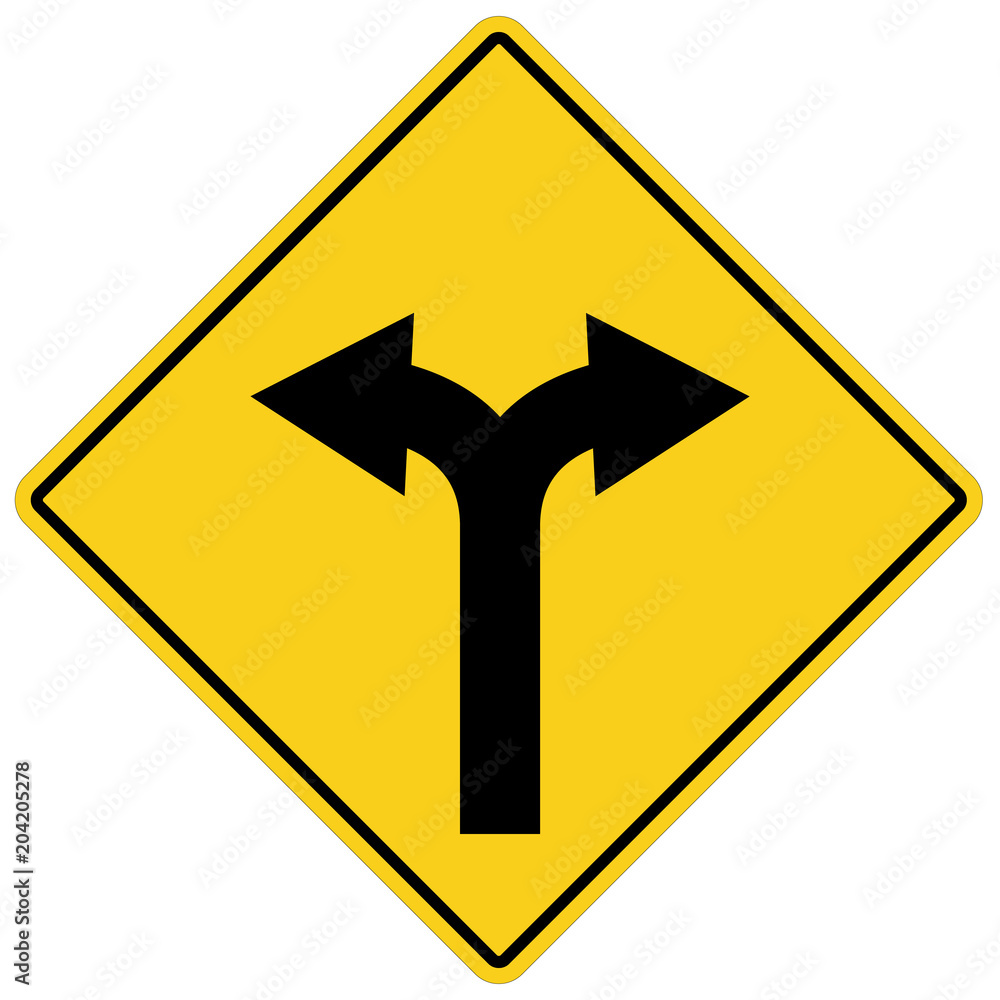 Yellow Sign With Two Arrows Fork Road Yellow Warning Symbol Two yellow-sign-with-two-arrows-fork-road-yellow-warning-symbol-two