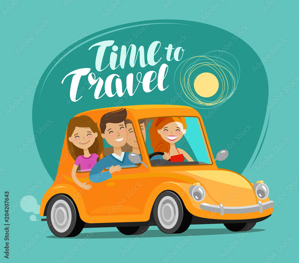 Travel concept. Happy friends ride retro car on journey. Funny cartoon ...