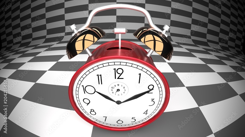 Time dilation, pictured as a wonderland alarm clock, curved checker ...