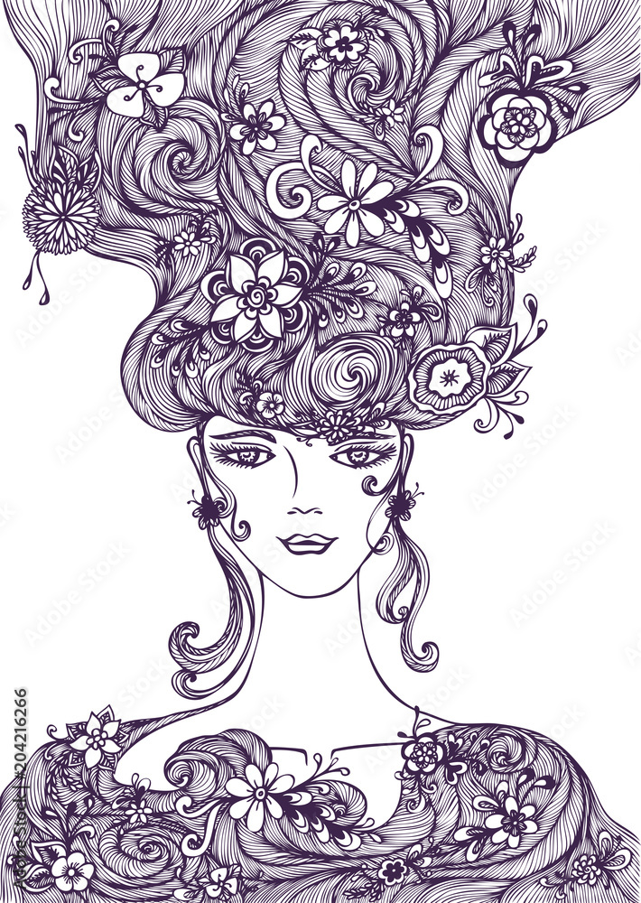 Beautiful Hand draw Girl with flowers hair made by trace black on white ...