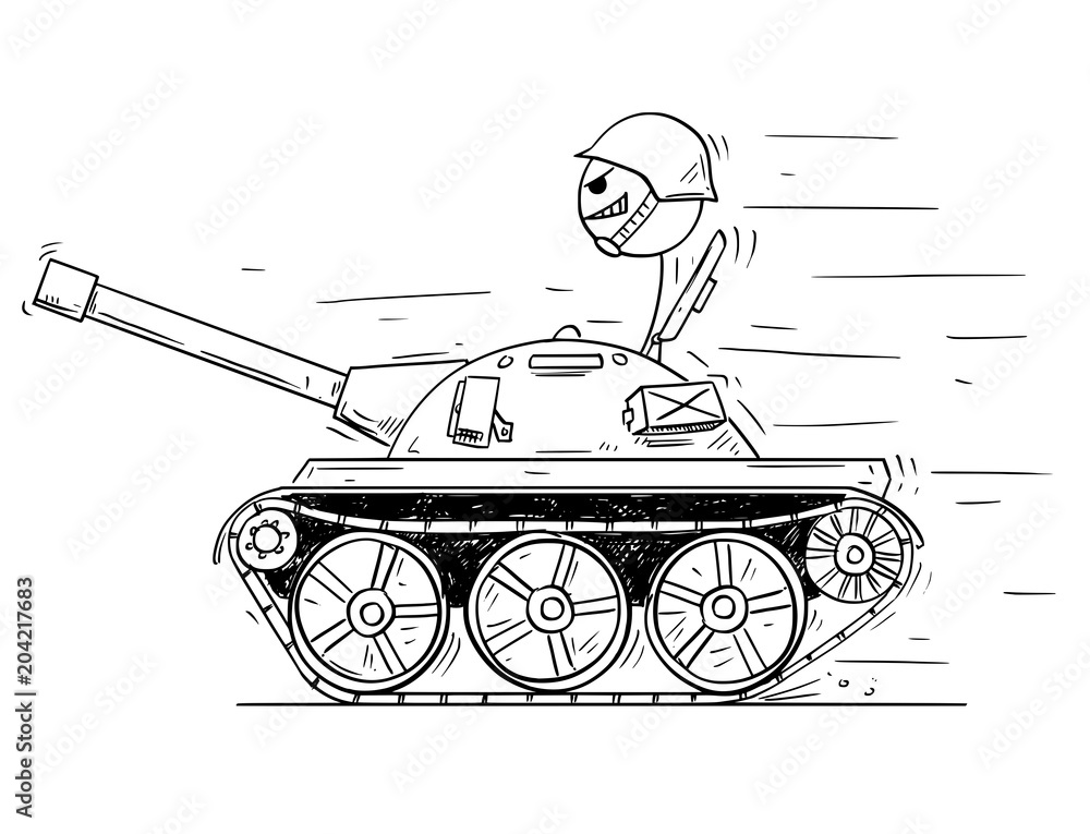 Cartoon stick man drawing conceptual illustration of man in small tank ...