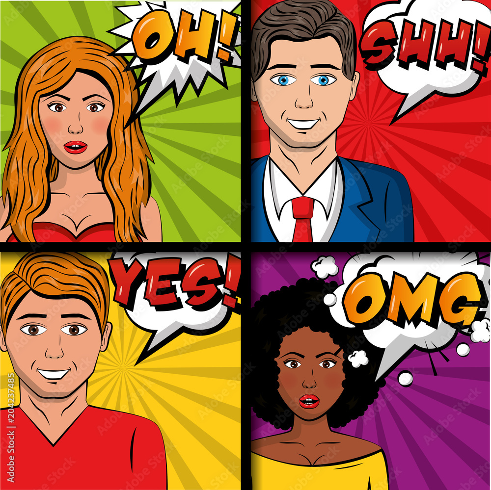 people pop art comic man and womaan speech bubbles phrases vector ...