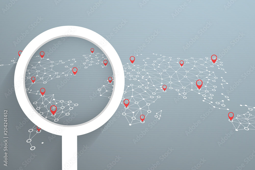 searching location on world map with magnifying glass. vector ...
