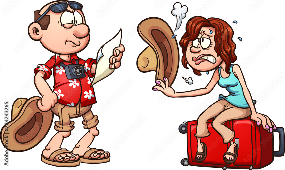 Vektorová grafika „Lost and tired cartoon tourists. Vector clip art ...