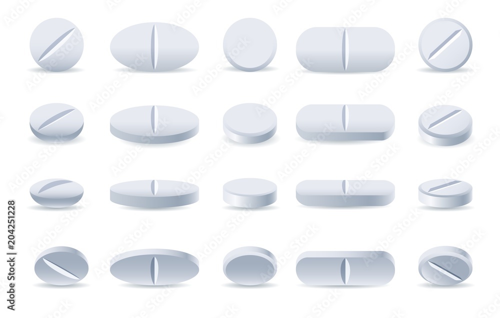 Pills. White medicine tablets isolated on white background, different ...