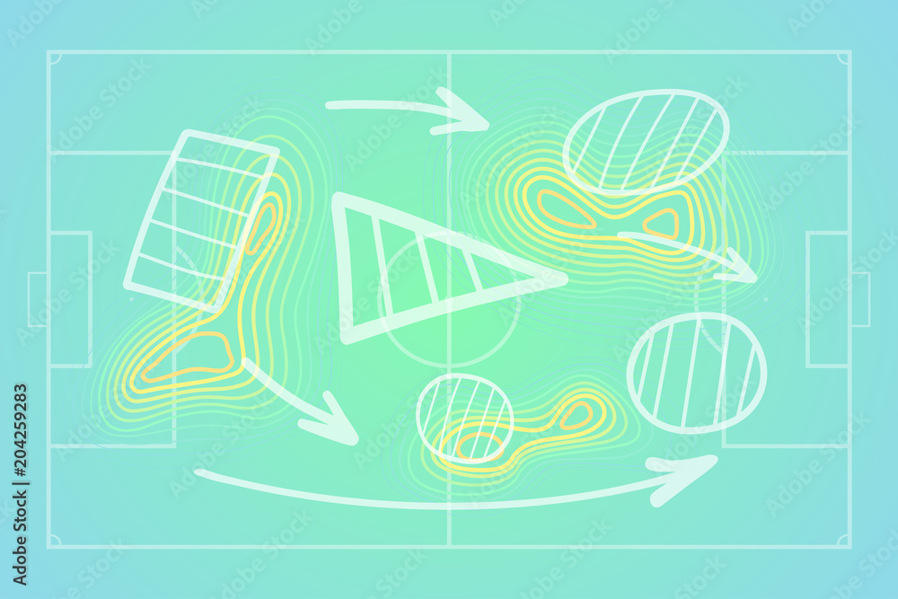 Football or soccer field with hand draw tactical scheme and linear heat ...