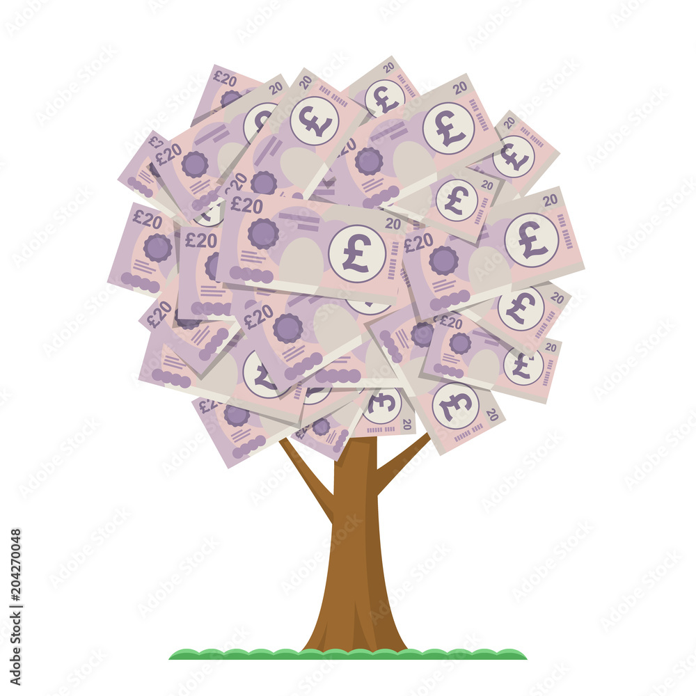 Money tree, UK pound 20 banknotes instead of leaves isolated on white ...