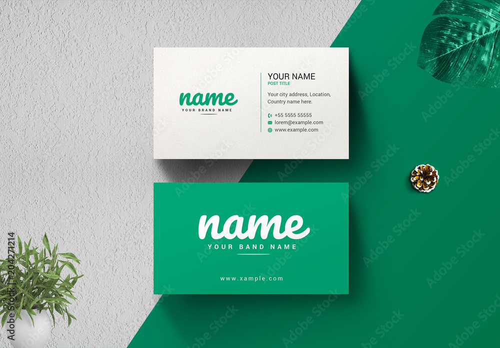 Business Card Layout with Green Accents Stock Template | Adobe Stock