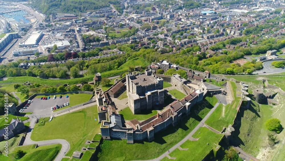 Aerial view of medieval Dover Castle on hill in spring, cityscape of ...