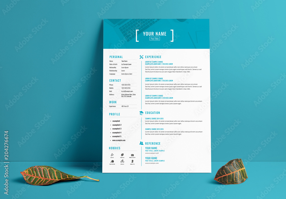 Resume Layout with Blue Header and Accents Stock Template | Adobe Stock