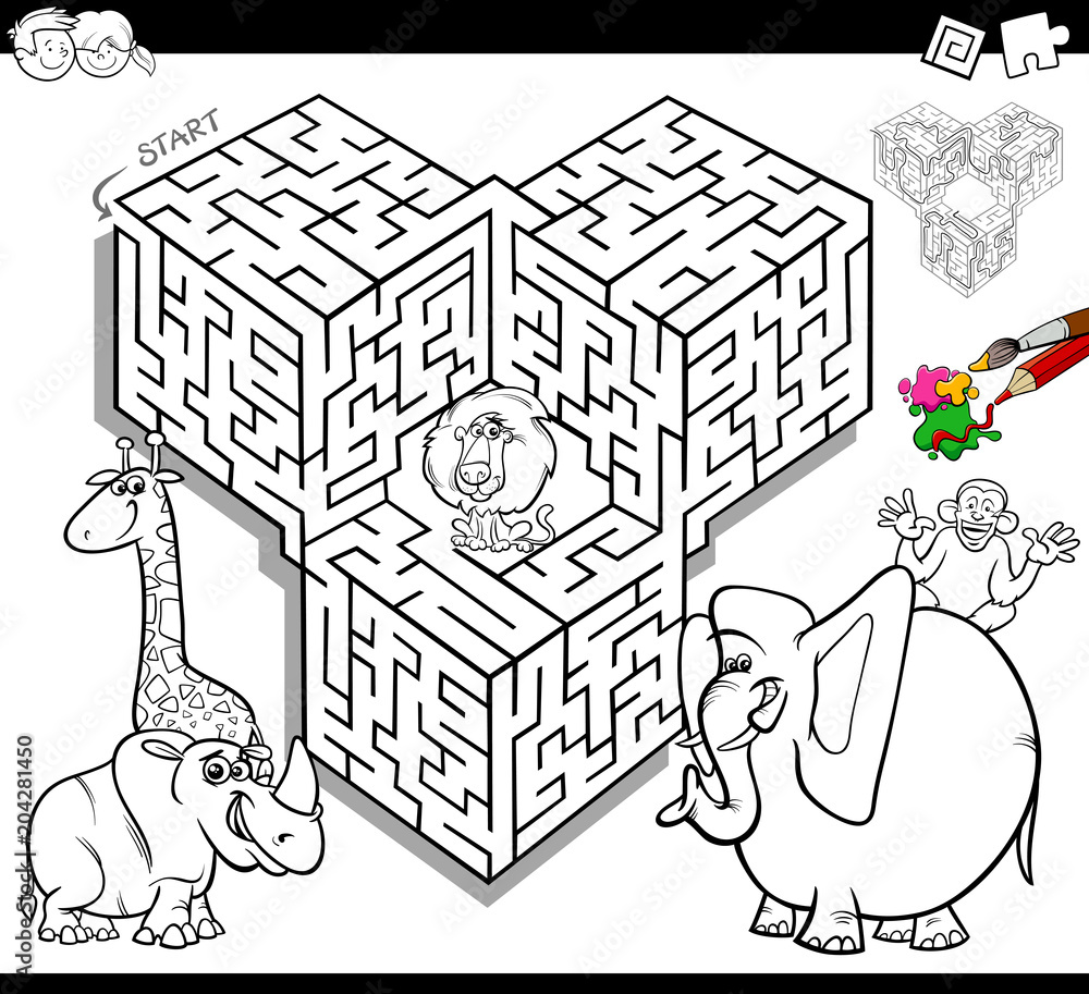 maze coloring book with safari animals Stock Vector | Adobe Stock