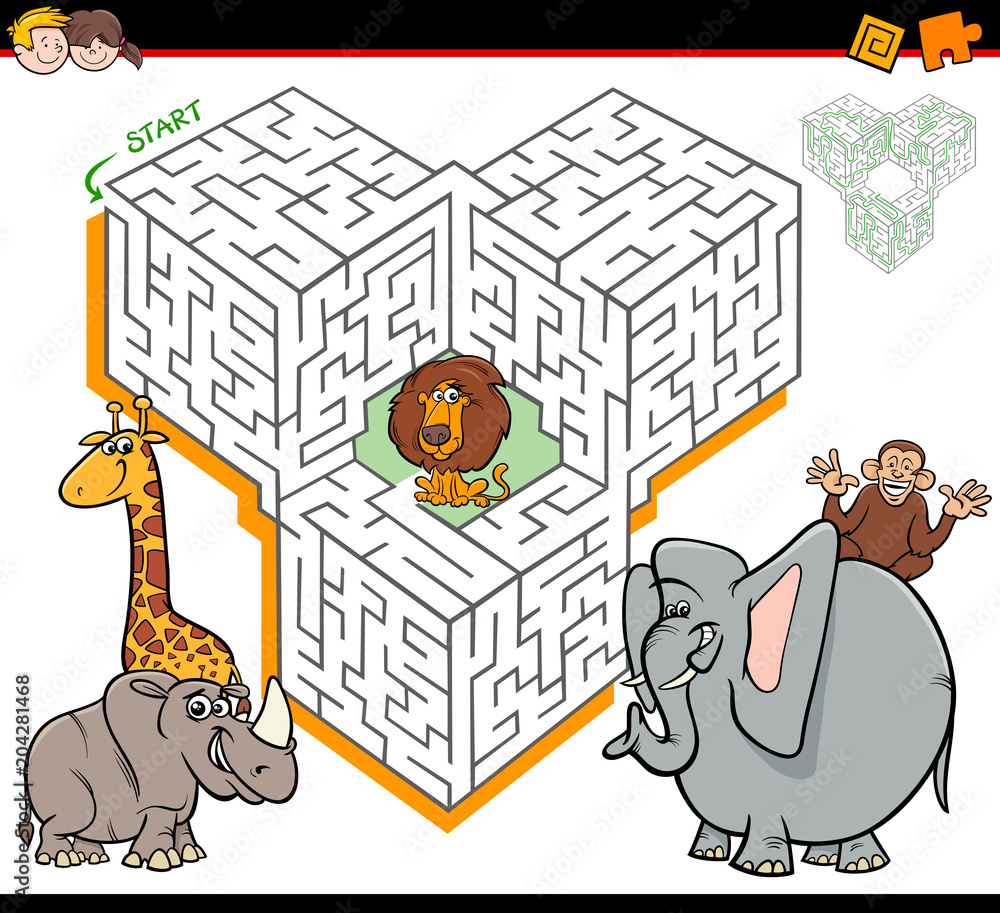 cartoon maze activity with safari animal characters Stock Vector ...