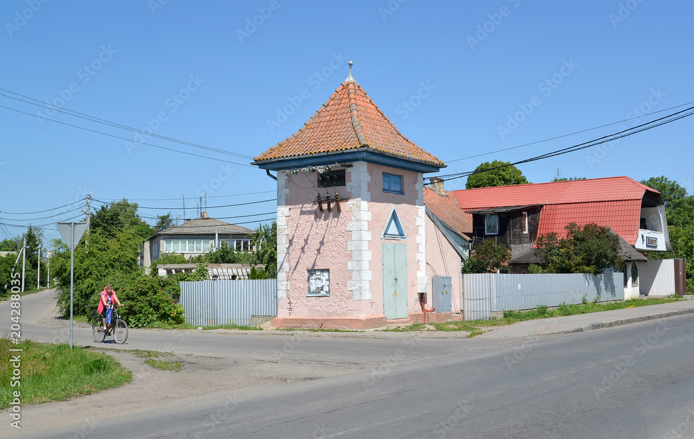 POLESSK, RUSSIA.The transformer lowering at the intersection of streets ...