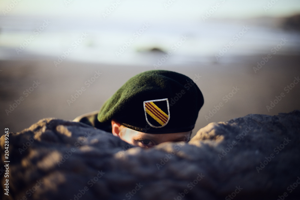 army Luke hiding behind rock Stock Photo | Adobe Stock