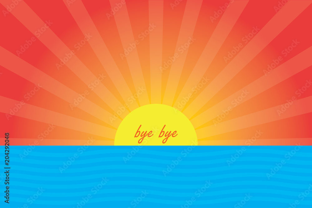 Cartoon sunset background. Sea and sunset simple design. Sun says bye ...