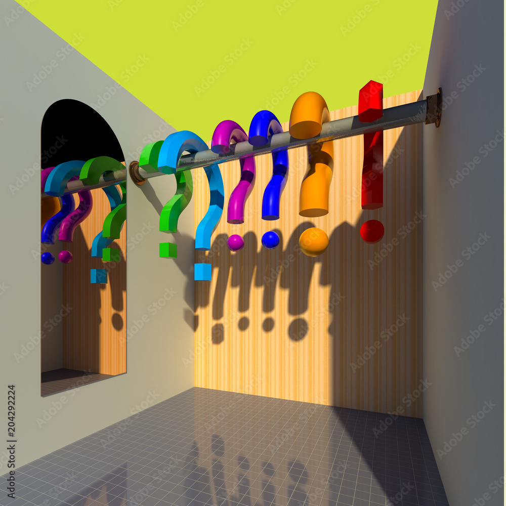 My cloakroom of questions 3D illustration. Different, colorful question ...