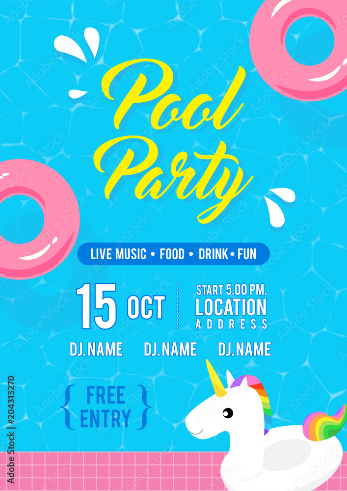 Pool party invitation flyer vector illustration, Top view of swimming ...