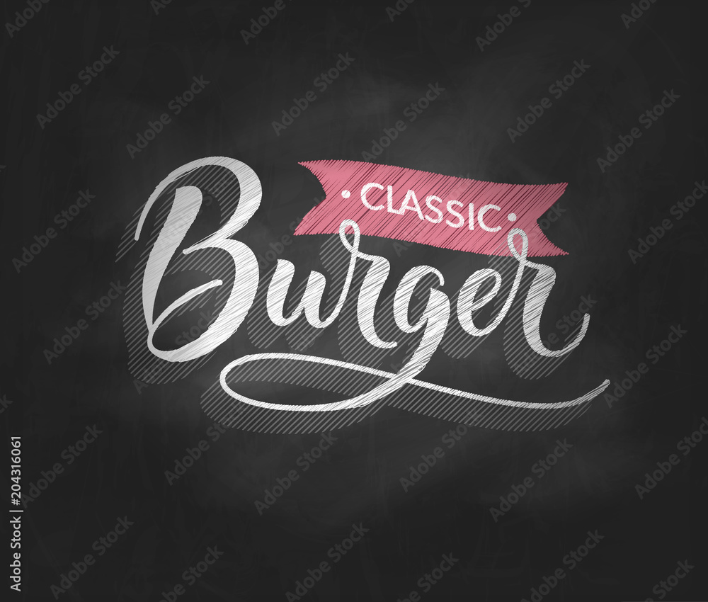 Burger logo on chalkboard background vector illustration, vintage old ...