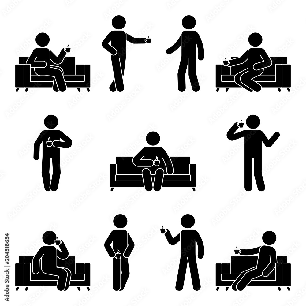 Stick figure drinking coffee set. Vector illustration of resting man on ...