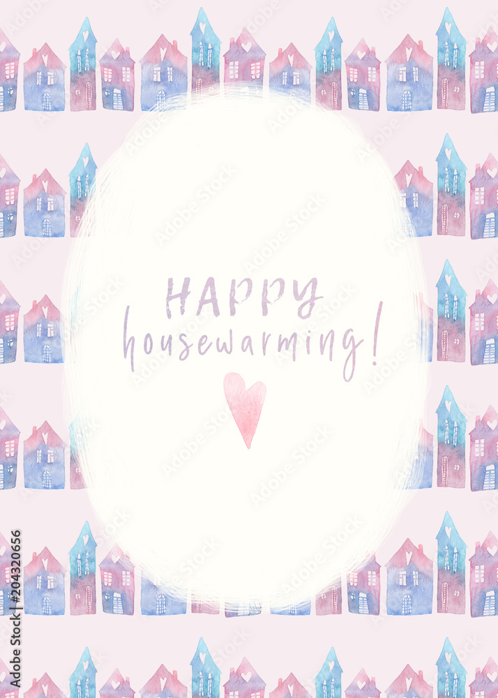 Watercolor greeting gard - Happy Housewarming. A frame with houses and ...