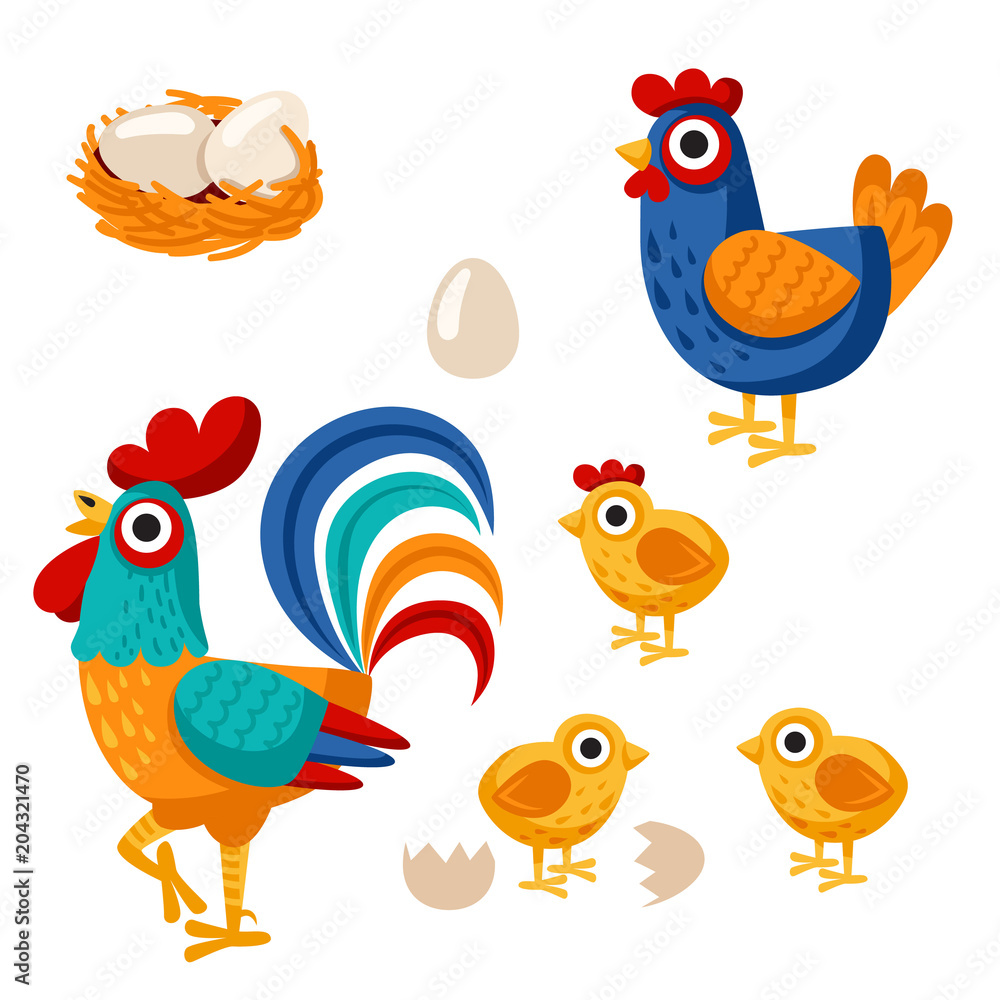 farm birds family cartoon flat illustration. rooster hen chicken egg ...