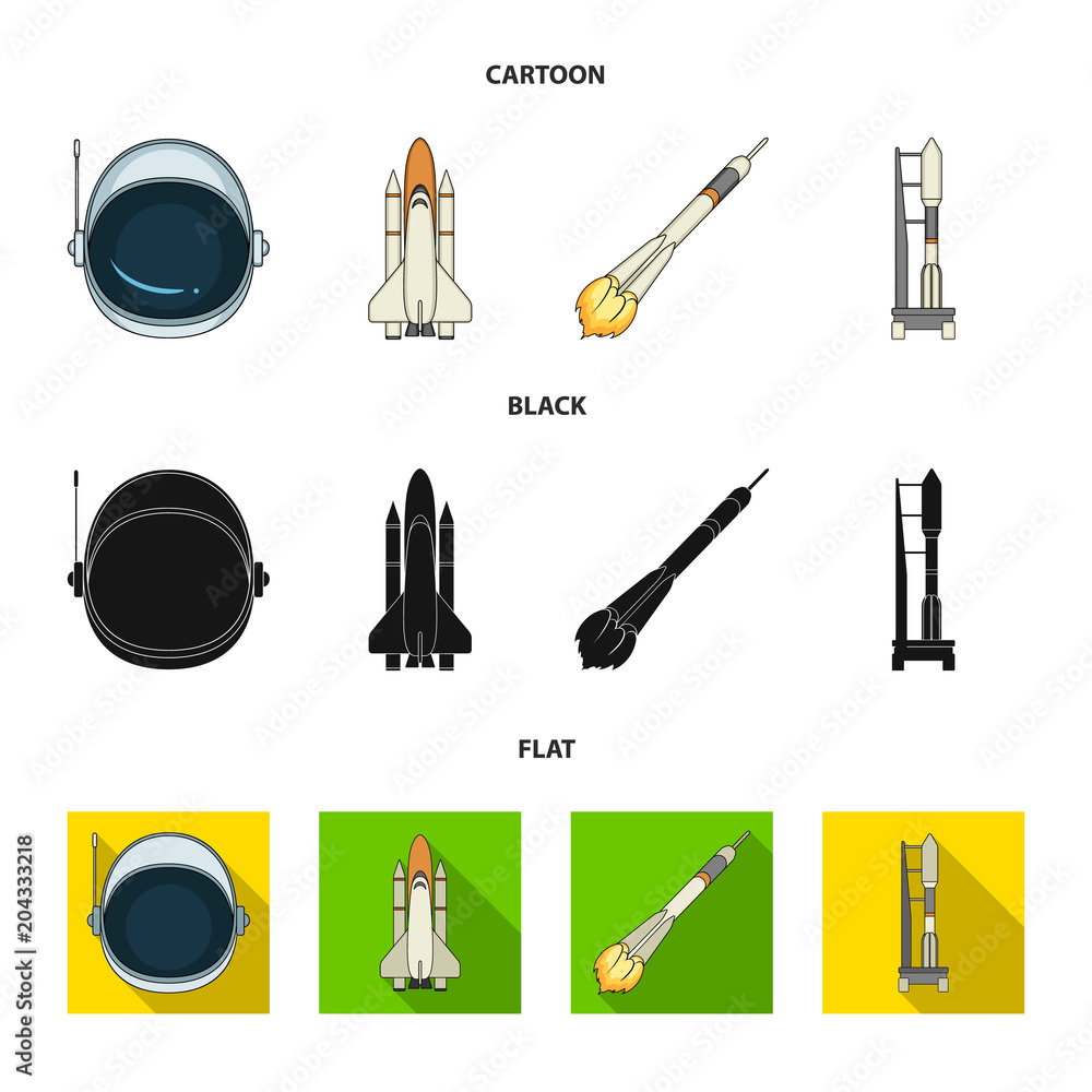 A spaceship in space, a cargo shuttle, A launch pad, an astronaut ...