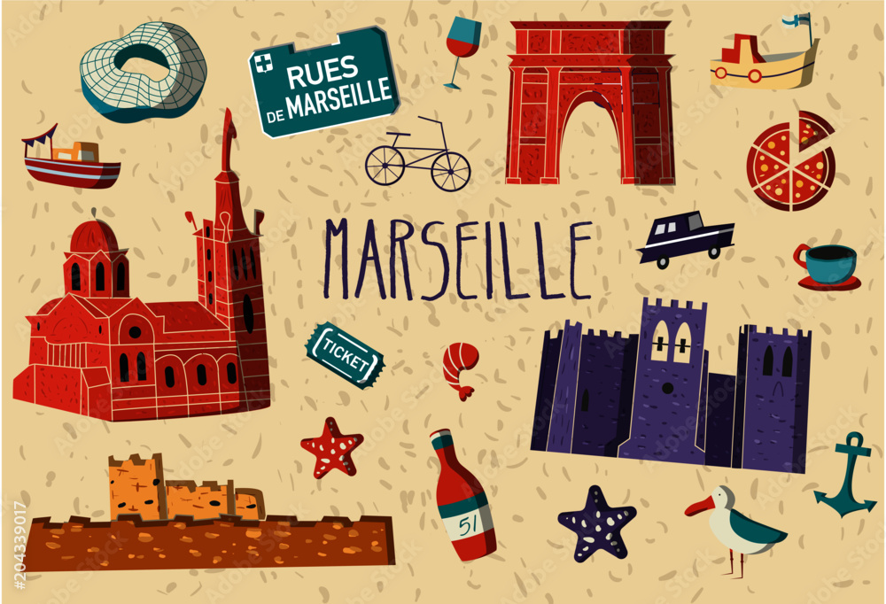 Cartoon style France Marseille sightseeing vector poster. South ...