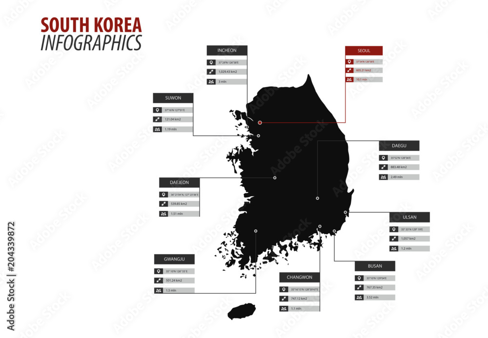 South Korea map shape vector population infographics template. Modern ...