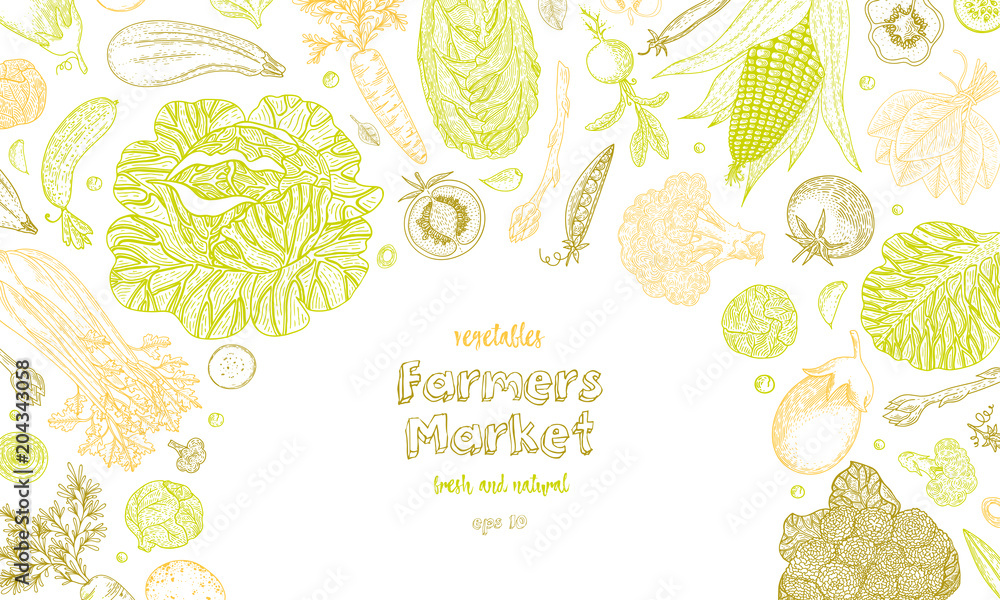 Vegetarian background with natural organic products. Hand drawn vector ...