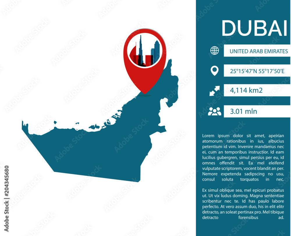 Dubai map pin point shape vector infographics template. Modern city ...