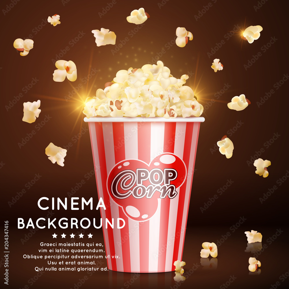 Cinema background with vector realistic popcorn Stock Vector | Adobe Stock