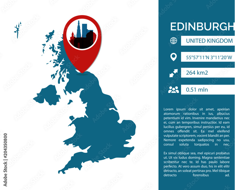 UK Edinburgh pin point map shape vector infographics template. Modern ...