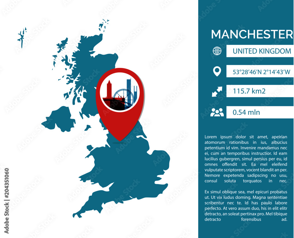 Manchester pin point map shape vector infographics template. Modern ...