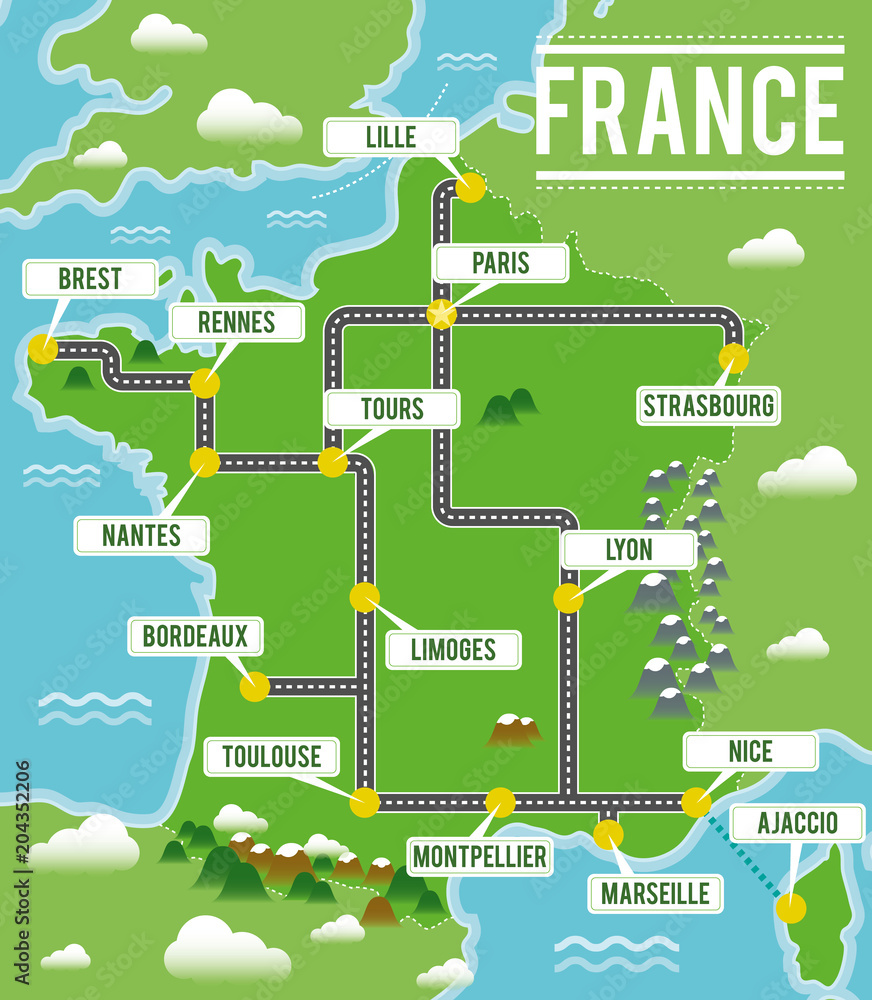 Cartoon vector map of France. Travel illustration with french main ...