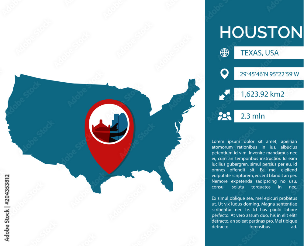 Houston pin point map shape vector infographics template. Modern city ...